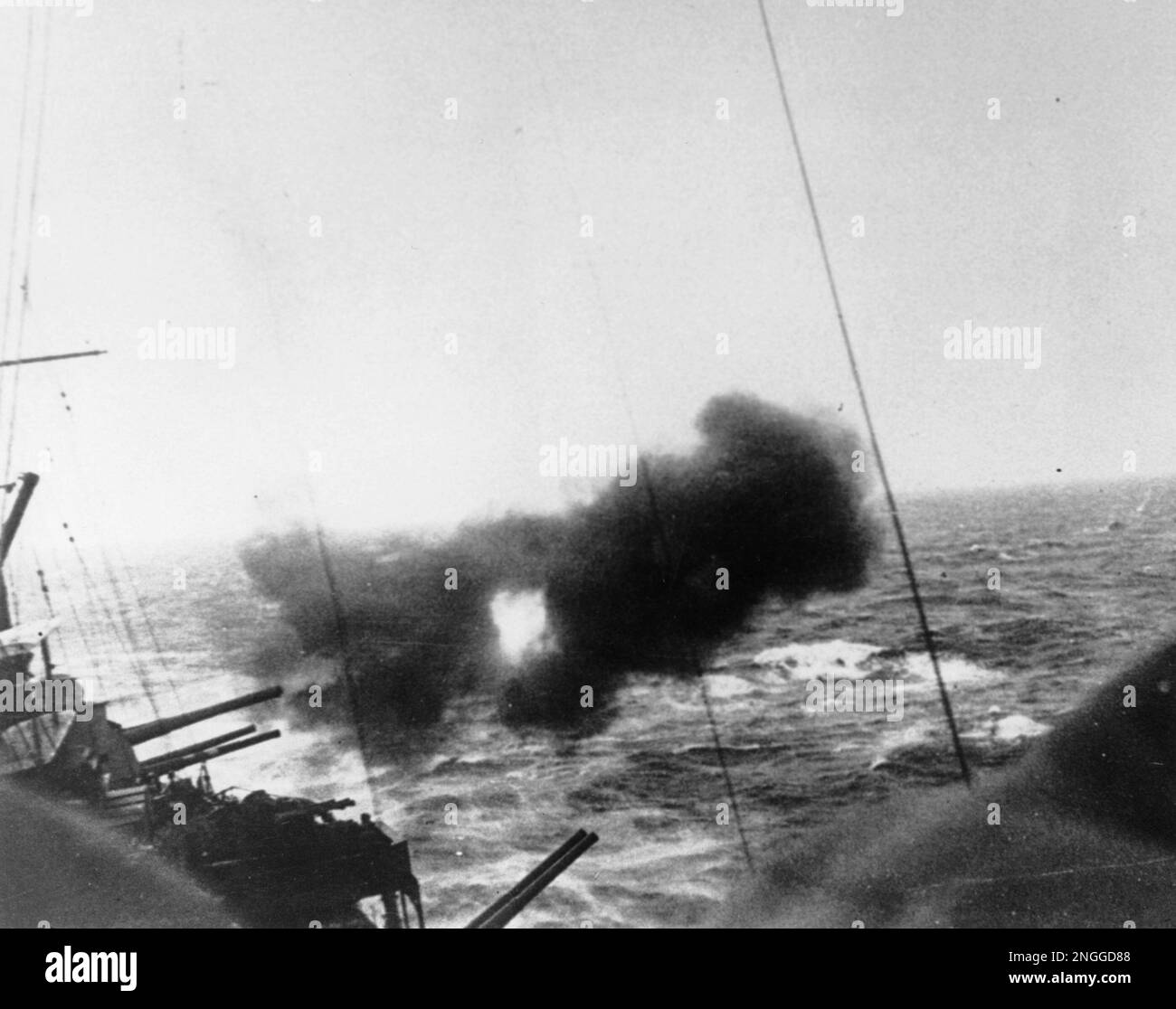 British battlecruiser HMS Norfolk exchanges artillery fire with German ...