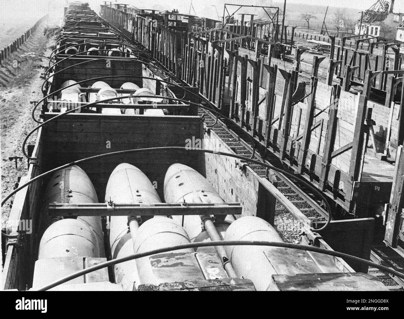 A trainload of German V-1 weapons captured by British forces during ...