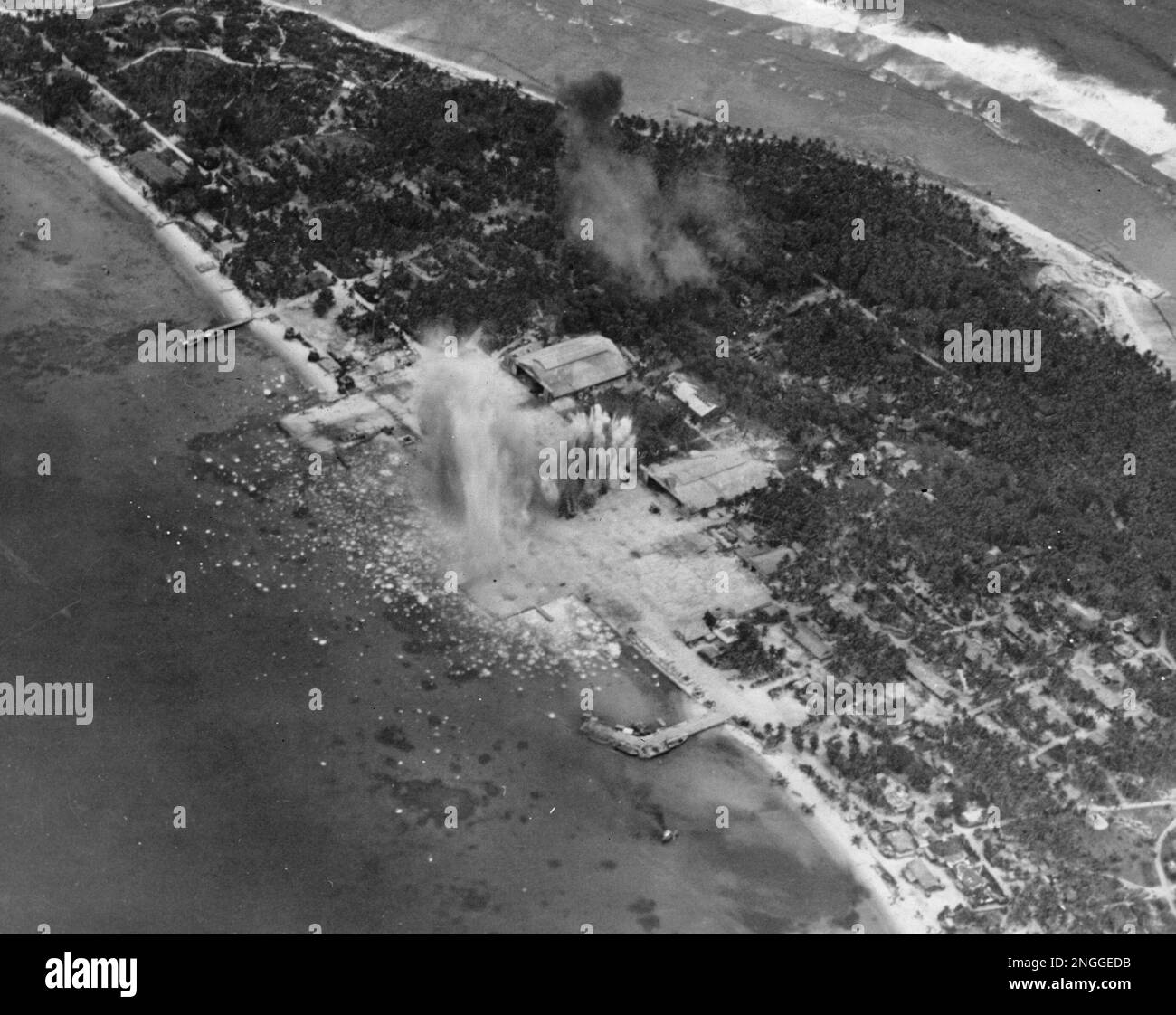 U.S. Navy planes attack a Japanese airfield on Jaluit Atoll, Marshall ...