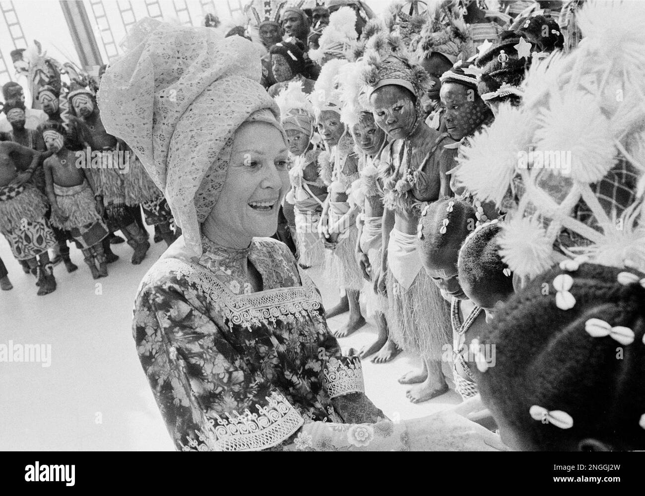 U.S. first lady Pat Nixon, dressed in traditional Liberian clothing ...