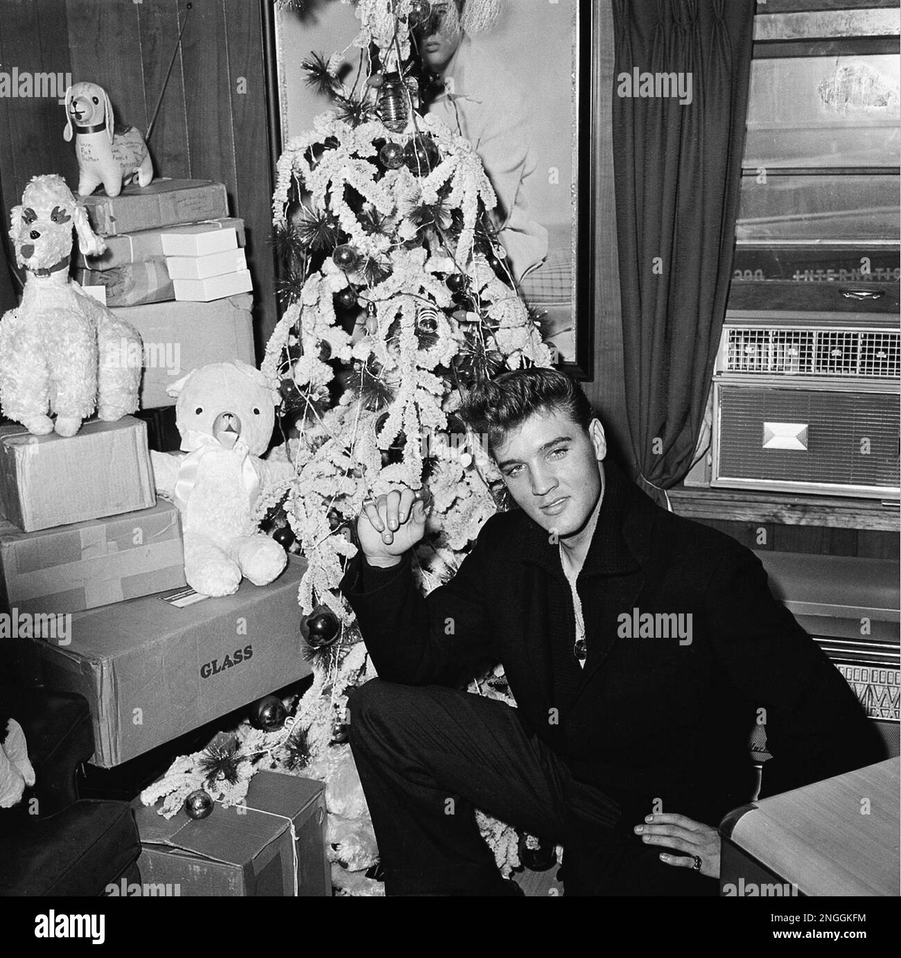 Elvis Presley poses by a Christmas tree at his home in Memphis, Tenn ...