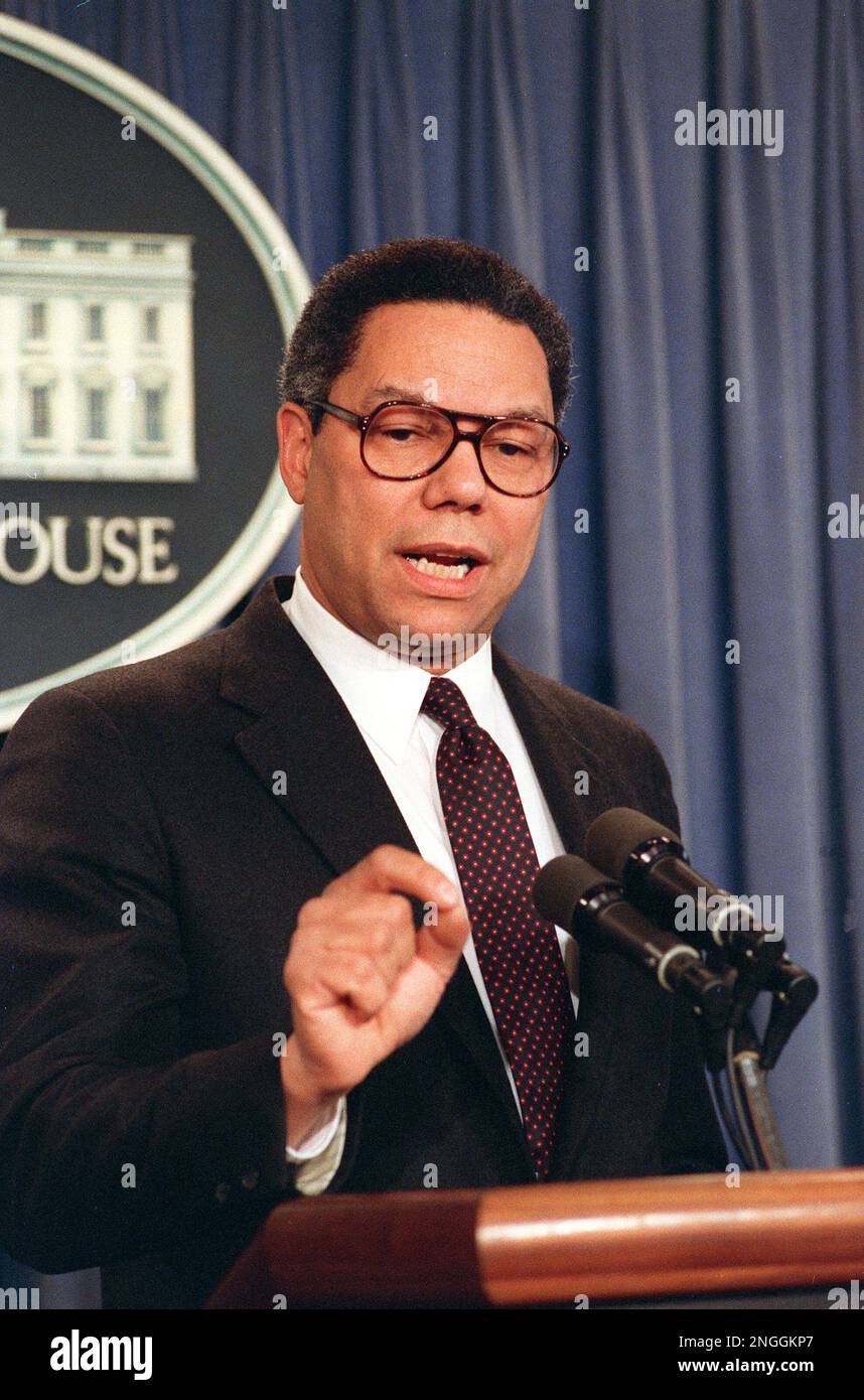 Lt. Gen. Colin Powell speaks during a news briefing at the White House ...