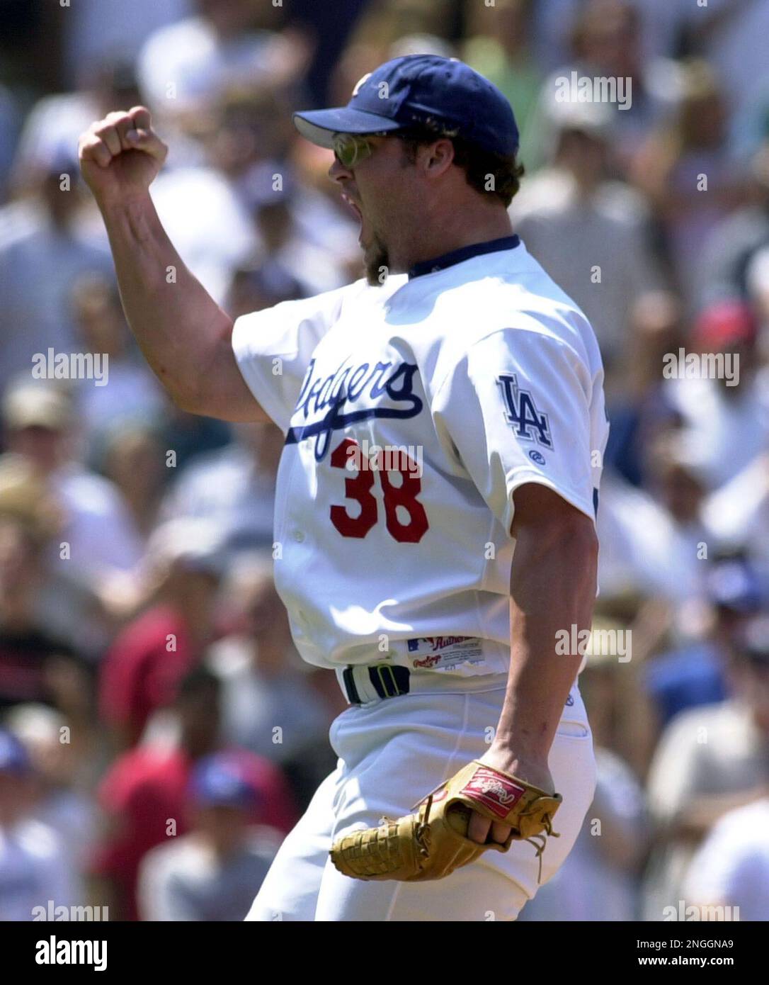 Los Angeles Dodgers relief pitcher Eric Gagne celebrates the final out ...