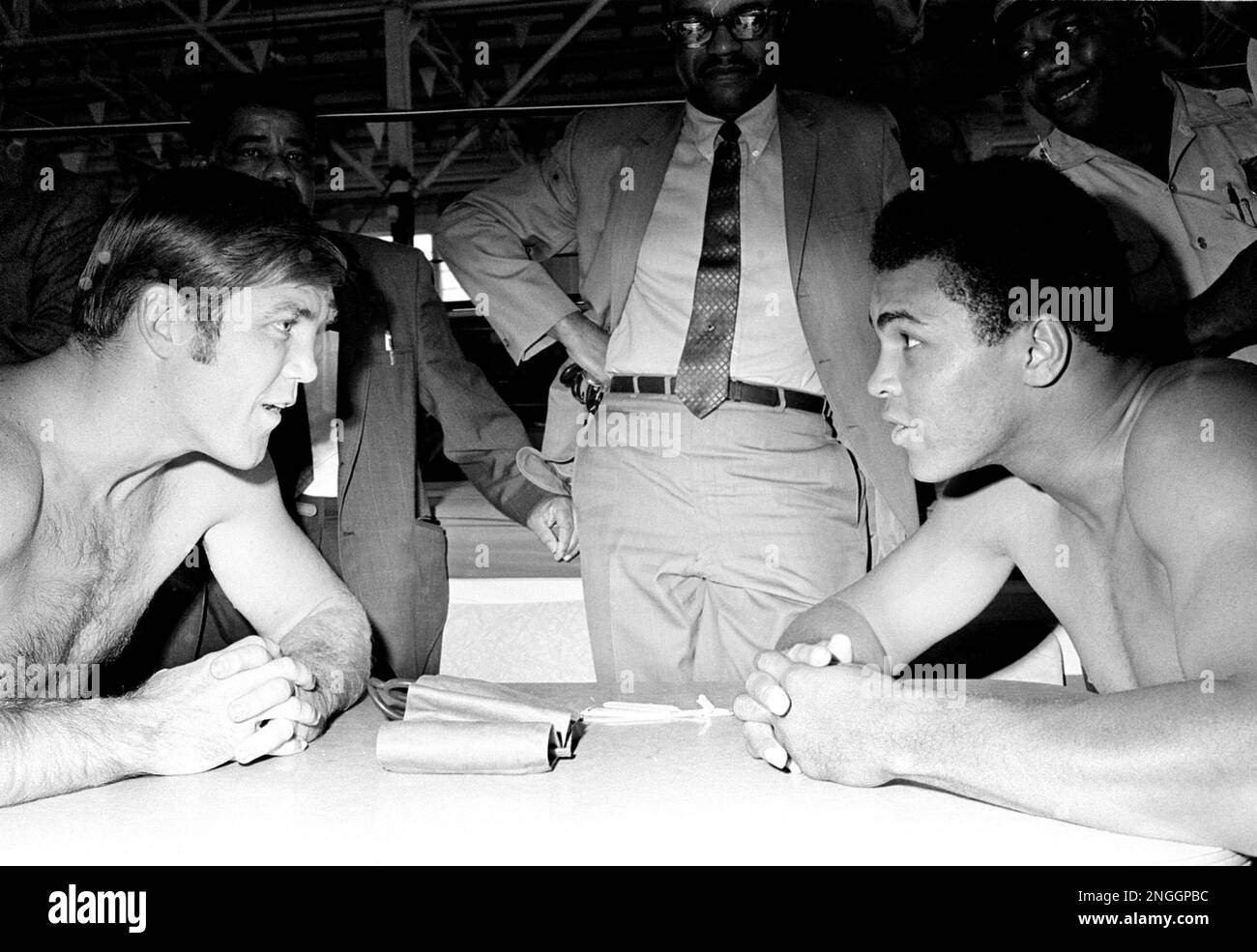 Heavyweight boxers Jerry Quarry, left, and Muhammad Ali face each other ...
