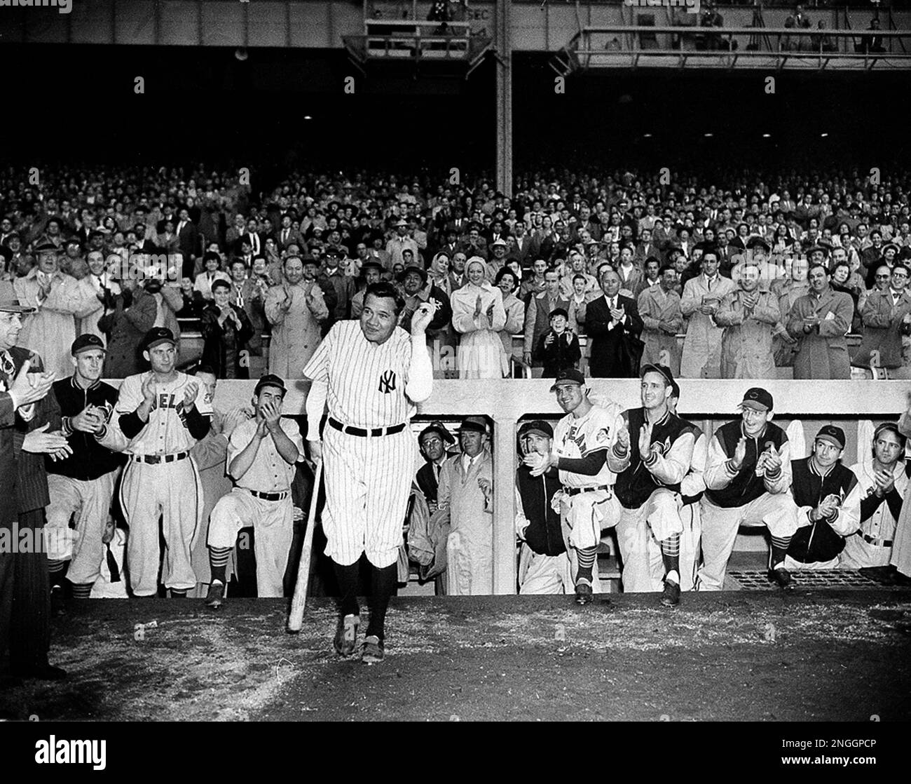 Babe Ruth, wearing his No. 3 uniform, receives a standing ovation as he ...