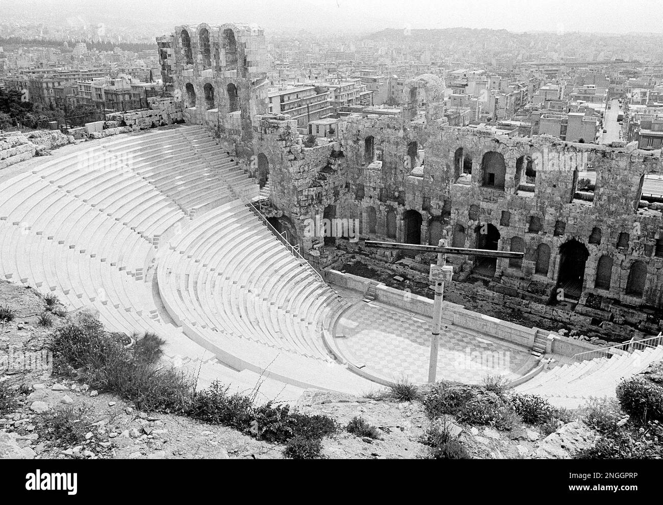 This view shows the ancient Herod Atticus Theater in Athens, Greece, in ...