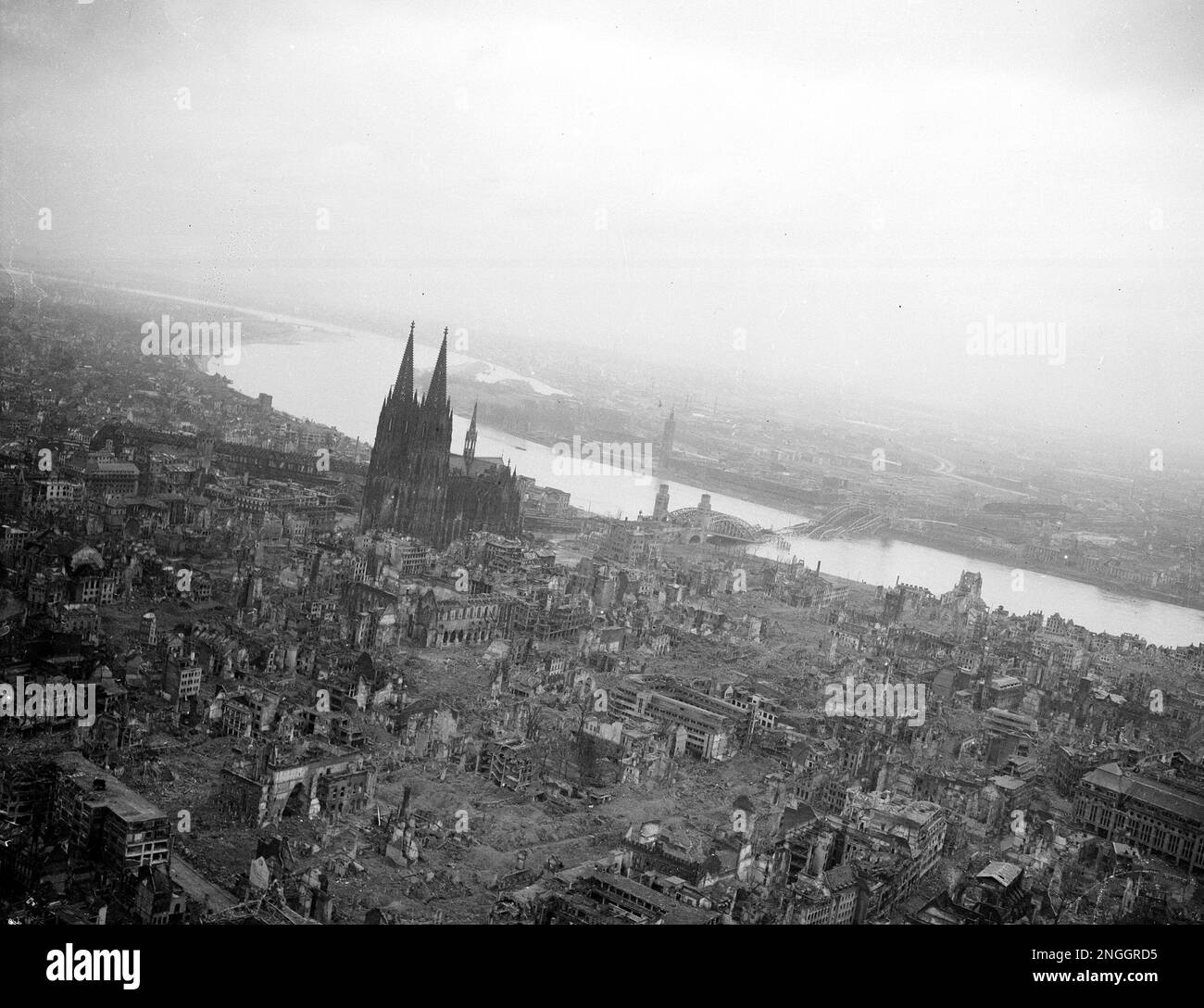 This aerial view shows the destruction of the German city of Cologne ...