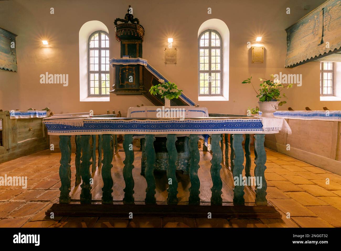 Interior of a medieval church. The inside roof made with blue colored ...