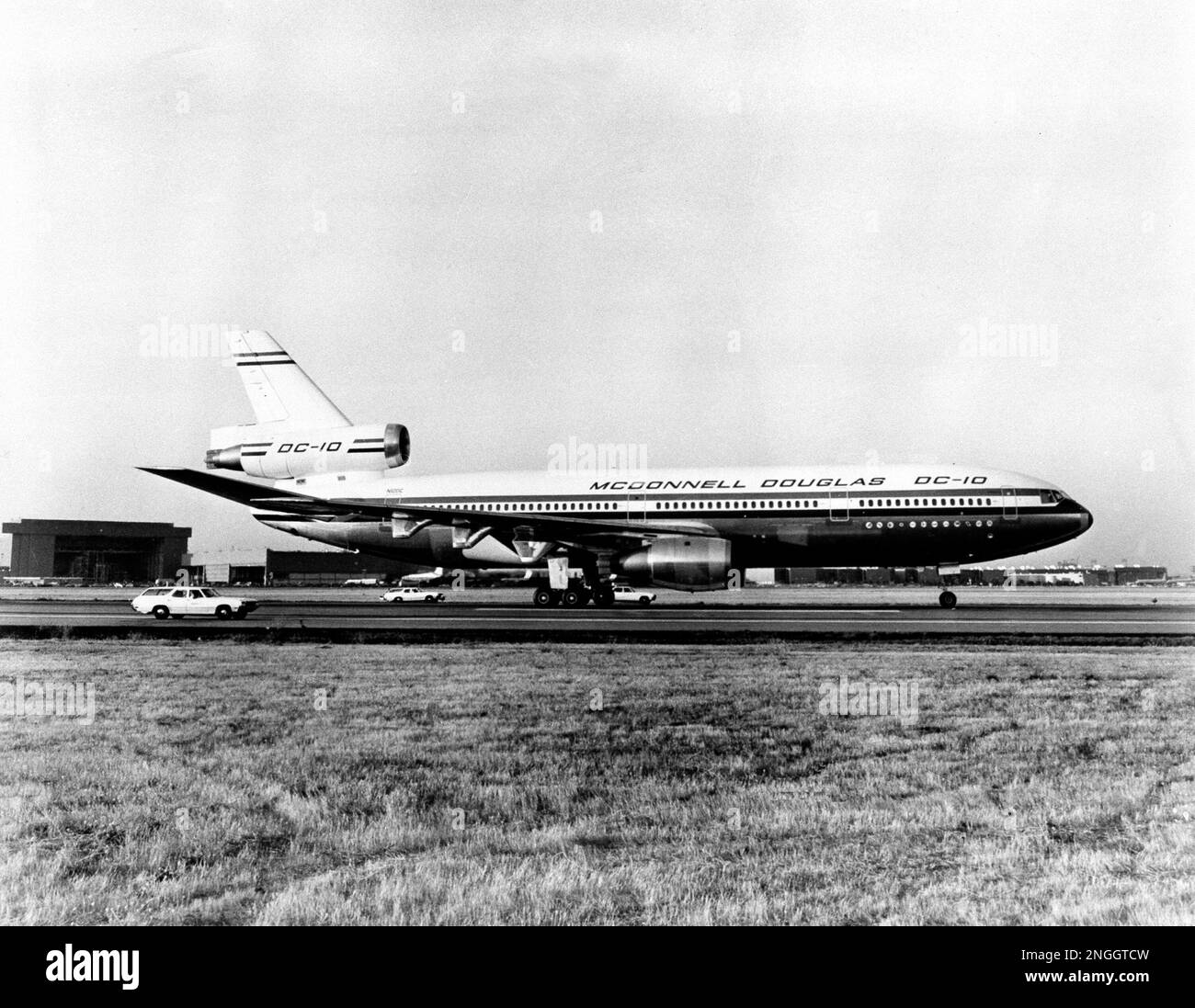 The tri-engine McDonnell Douglas DC-10 is shown during taxi tests at ...