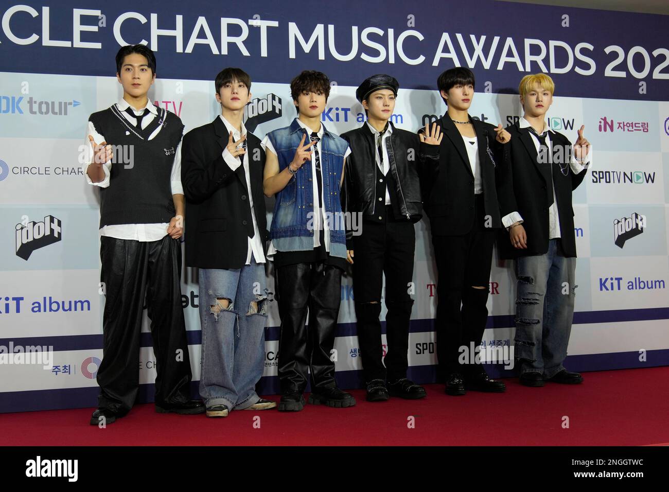 K-Pop boy group JUST B pose for photos during the red carpet of the ...