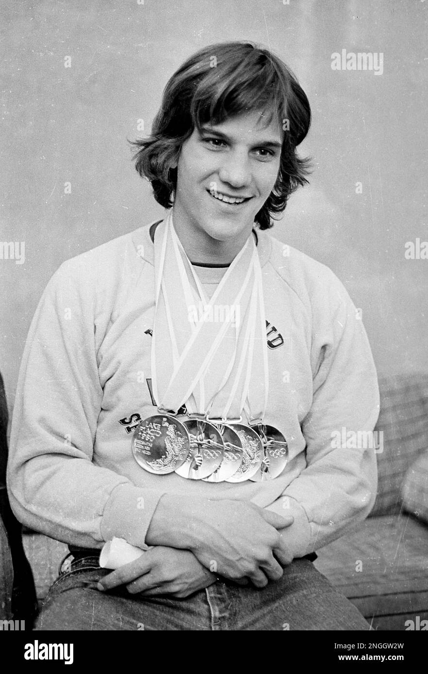 Eric Heiden, 21-year-old from of Madison, Wis., displays the five ...