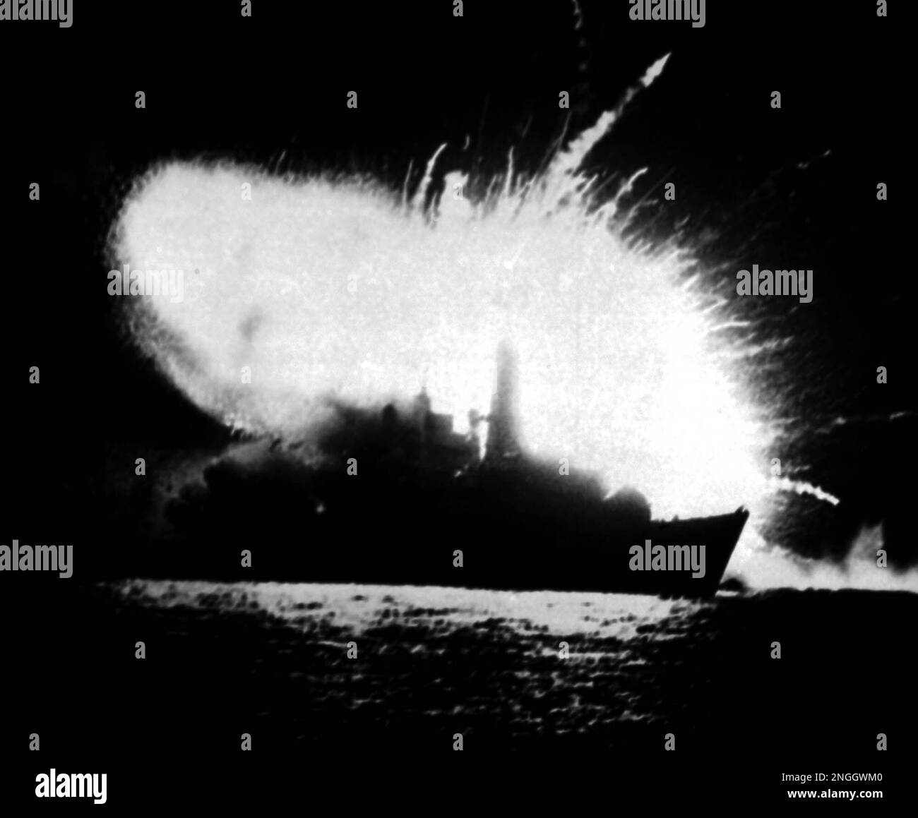 The sky lights up as the British frigate HMS Antelope explodes in San ...