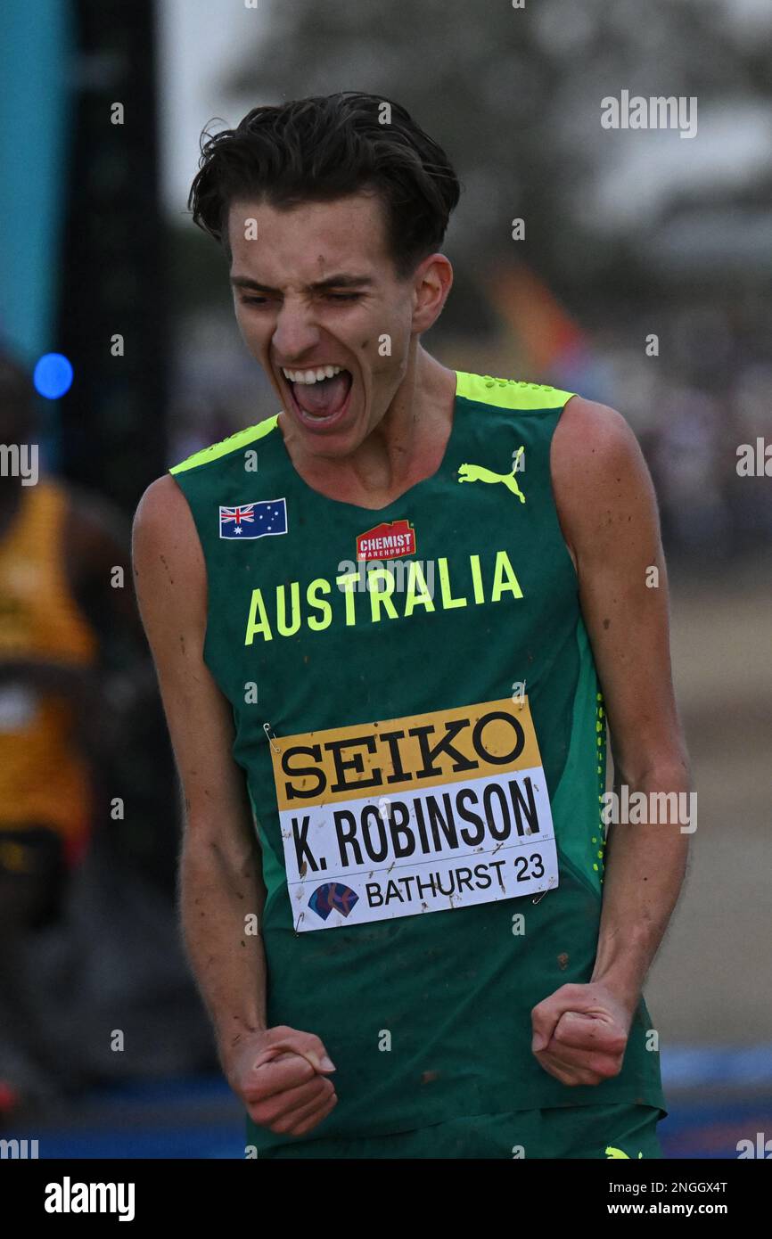 Ky Robinson of Australia celebrates as he crosses the finish line in ...