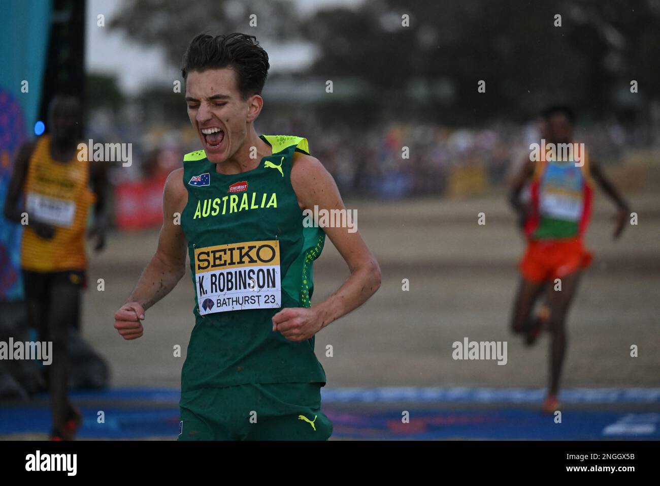 Ky Robinson of Australia celebrates as he crosses the finish line in ...