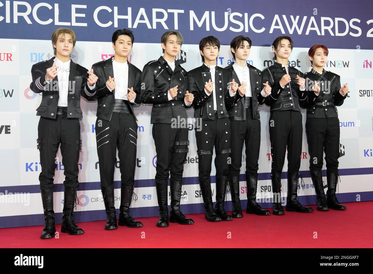 K-Pop boy group ENHYPEN pose for photos during the red carpet of the Circle Chart Music Awards ...