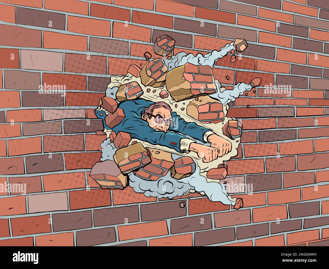 A man in a suit and glasses destroys a brick wall. Overcoming barriers ...
