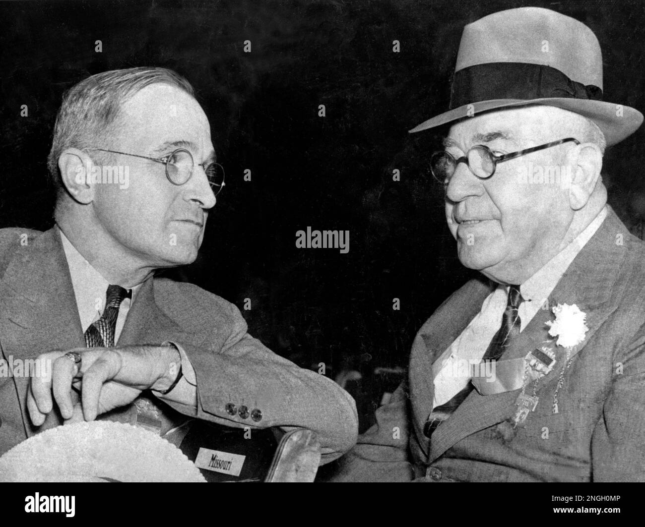 Sen. Harry Truman, left, of Missouri and Thomas Pendergast of Kansas City talk on the floor at ...
