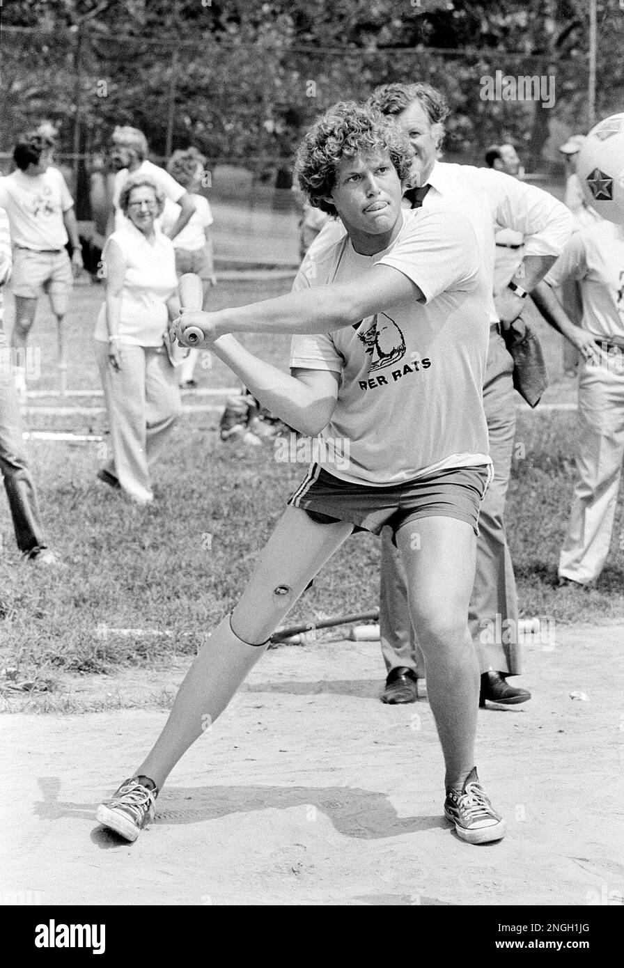 Ted Kennedy Jr. gets set to swing during a softball game afternoon of ...