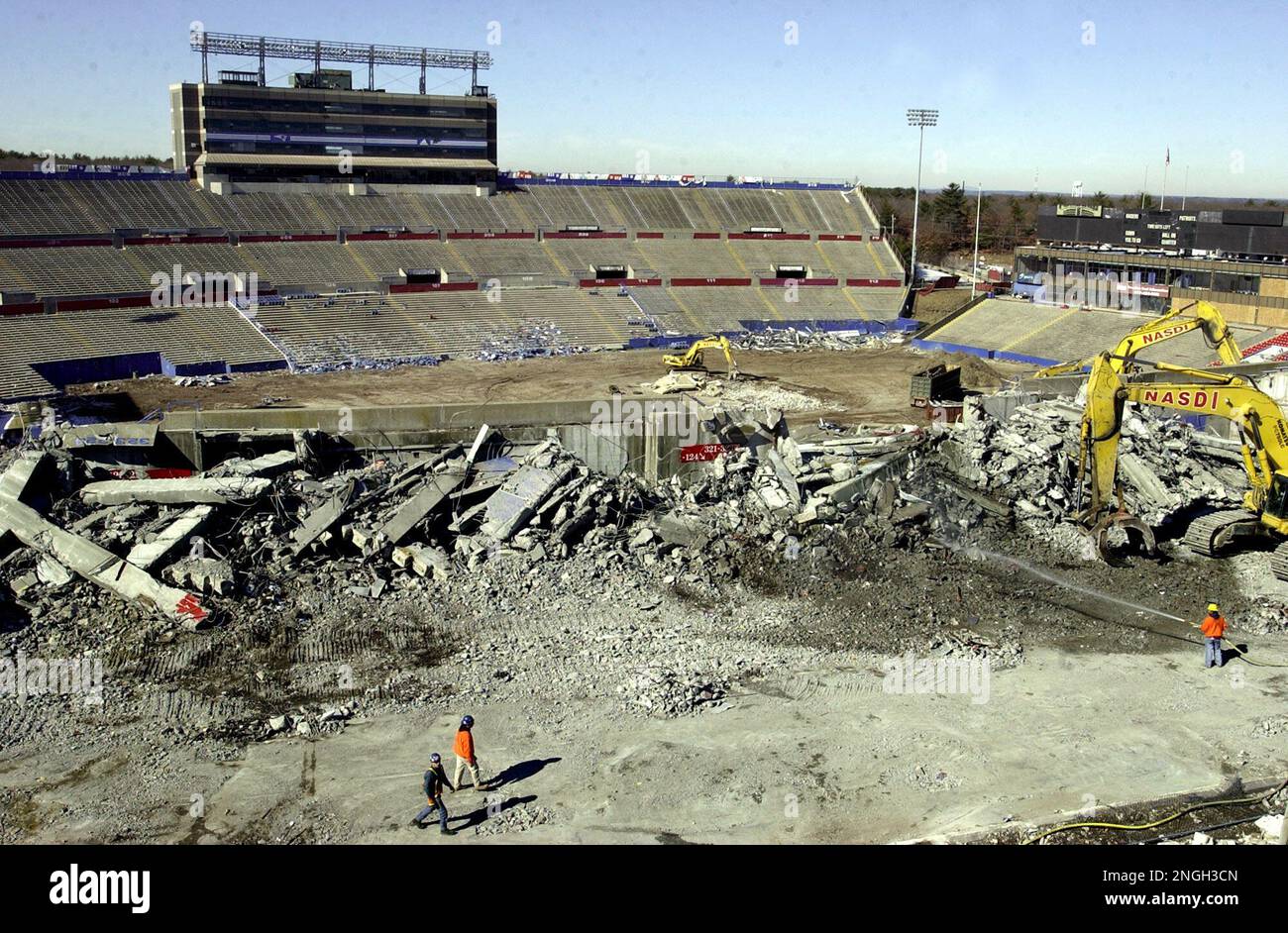 The demolition of Foxboro Stadium in Foxboro, Mass., continues Tuesday ...