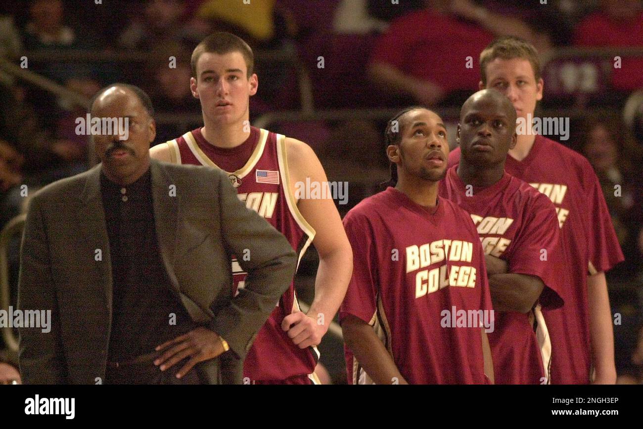 Boston College coach Al Skinner, left, along with players, from left ...