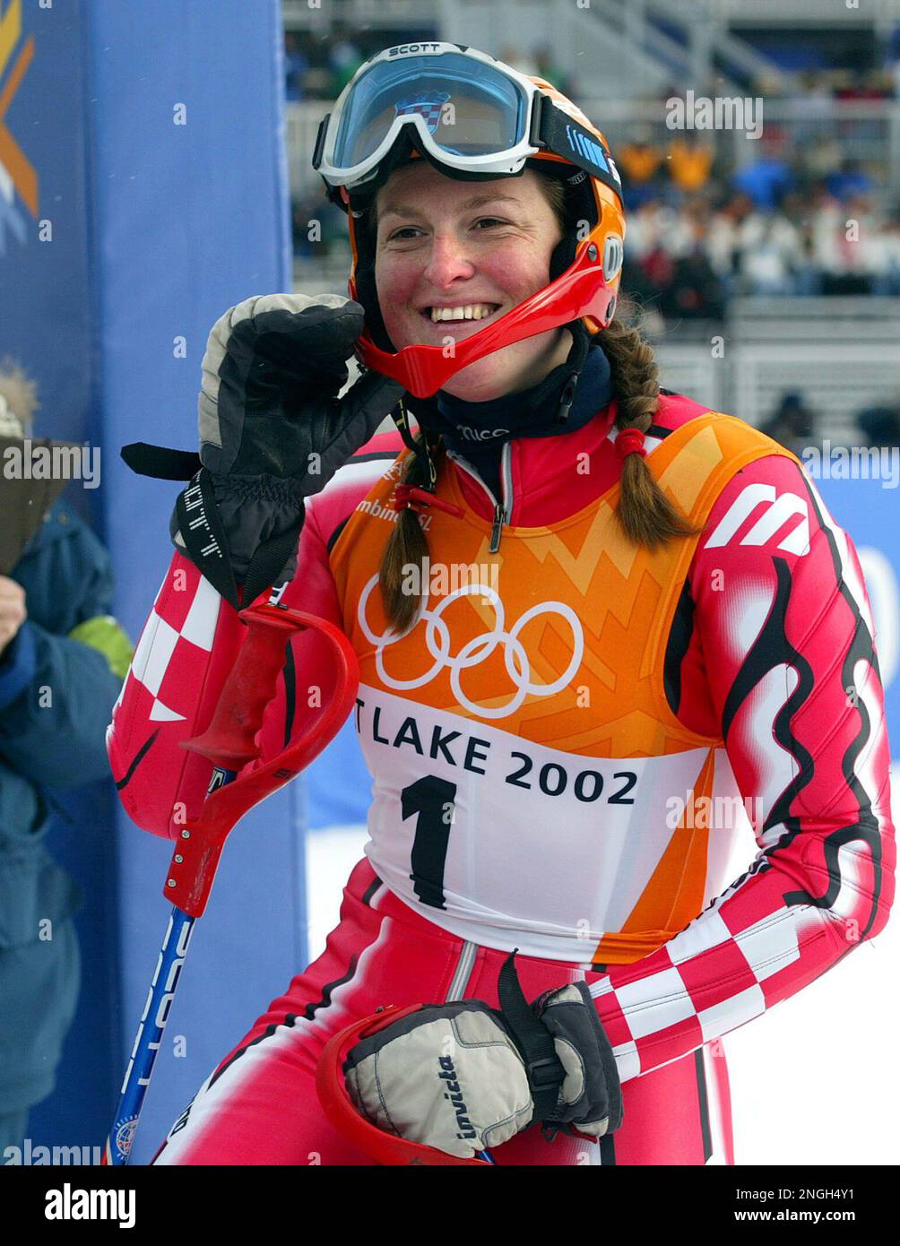 Croatia's Janica Kostelic smiles after finishing the 1st slalom run of ...