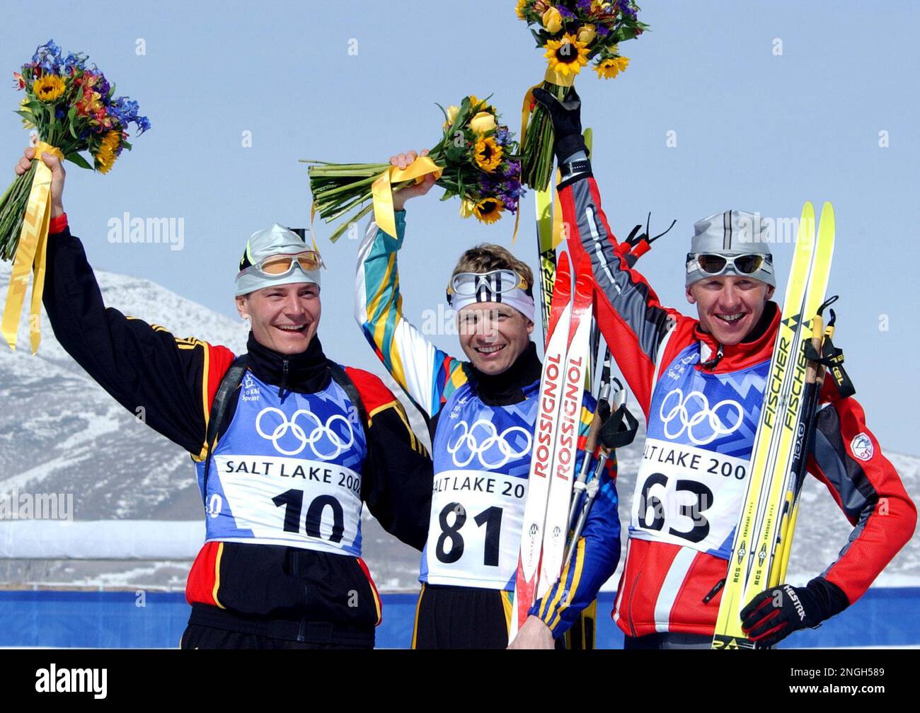 Sven Fischer of Germany, left, silver medalist, Ole Einar Bjoerndalen ...