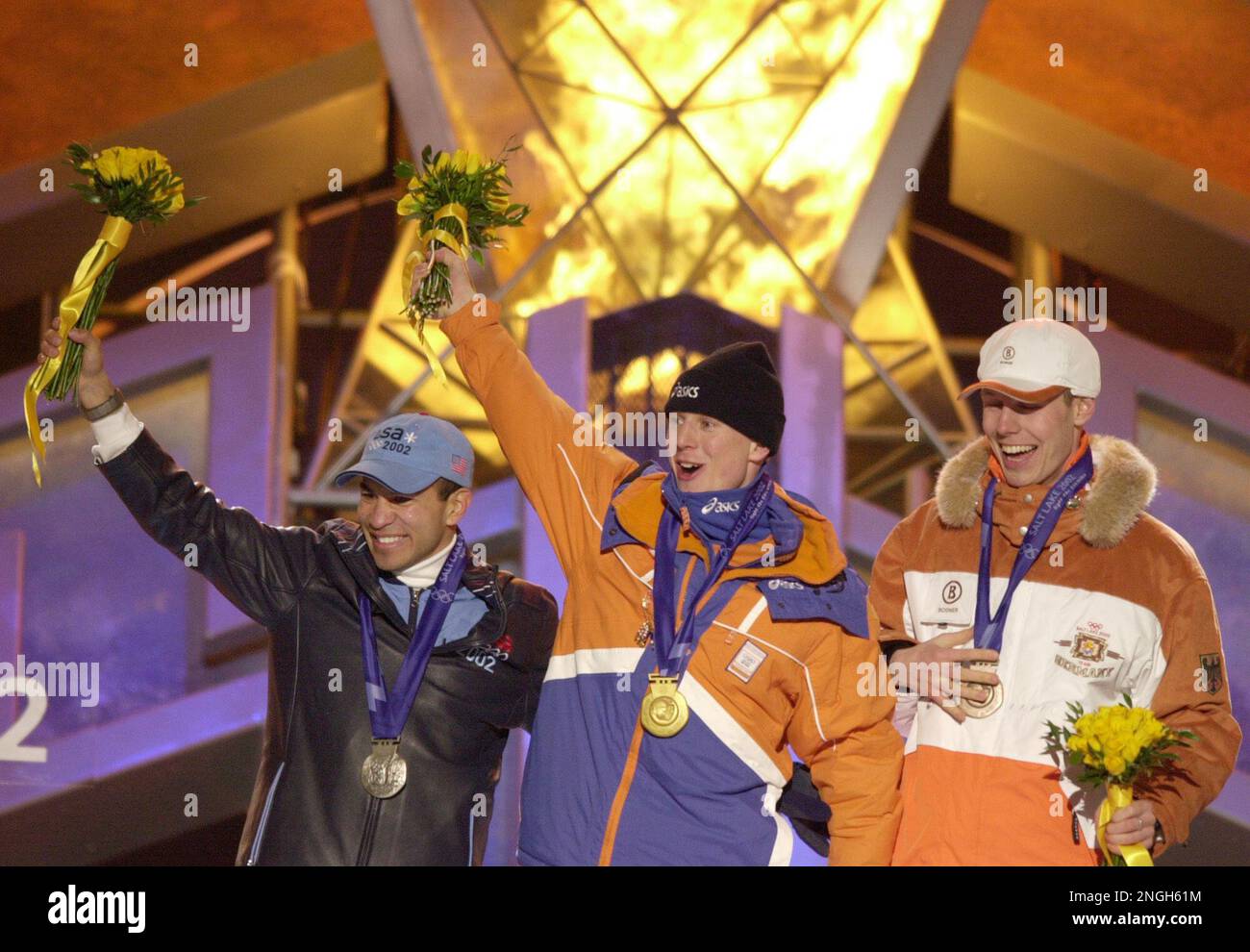 The three medalists in the men's 5,000-meter long track speedskating ...