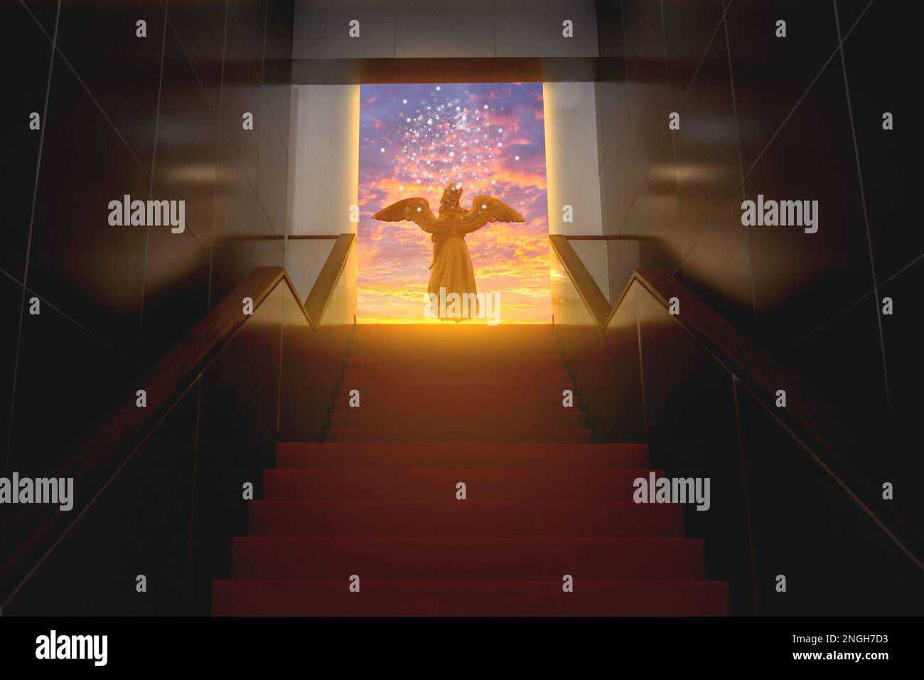 Back view of backlit fairy statue walking on stairs to illuminated ...