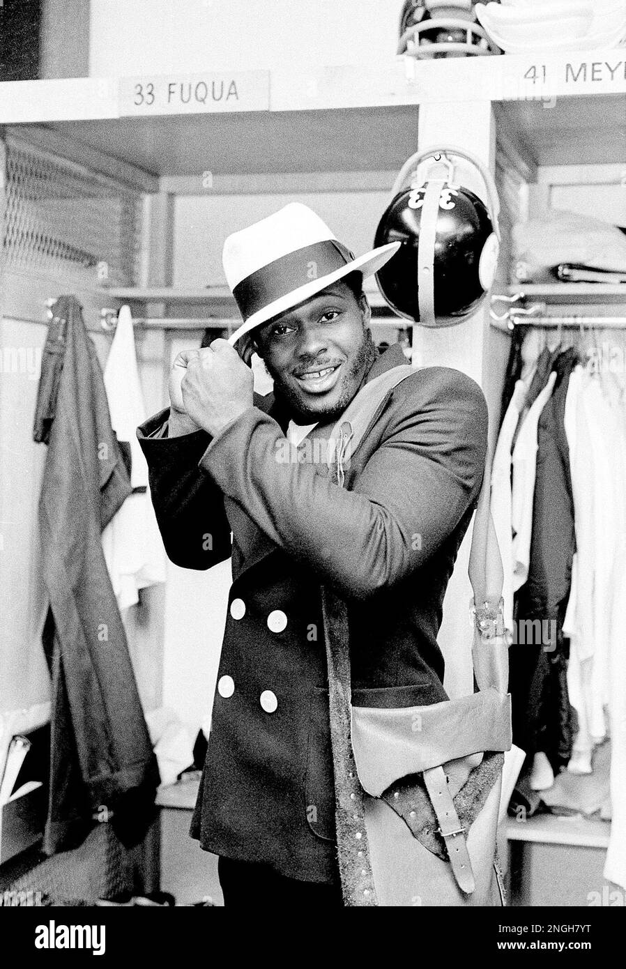 John "Frenchy" Fuqua of the Pittsburgh Steelers, models one of his more ...