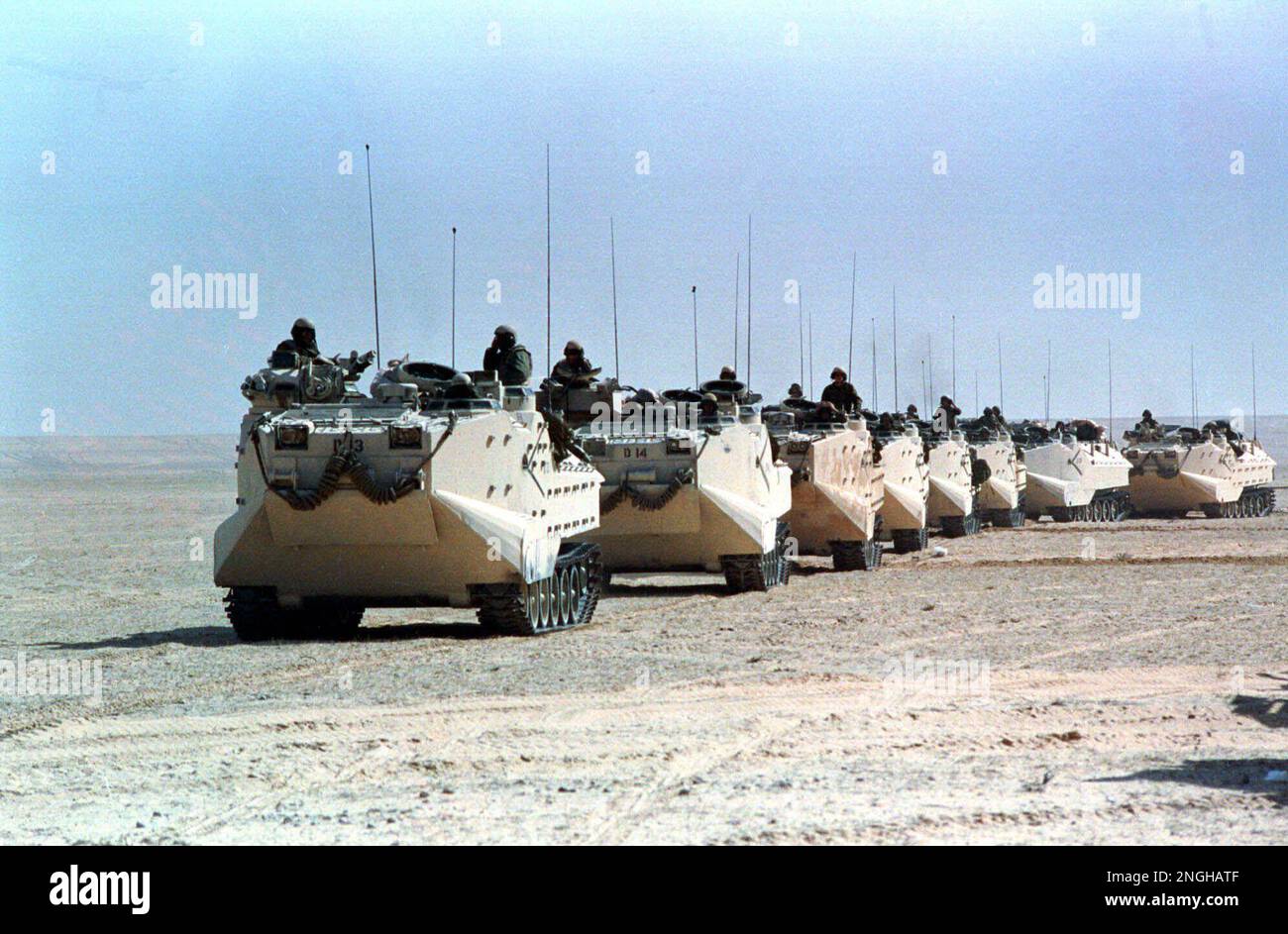 A column of U.S. Marine Amphibious Tracked Vehicles moves north across ...