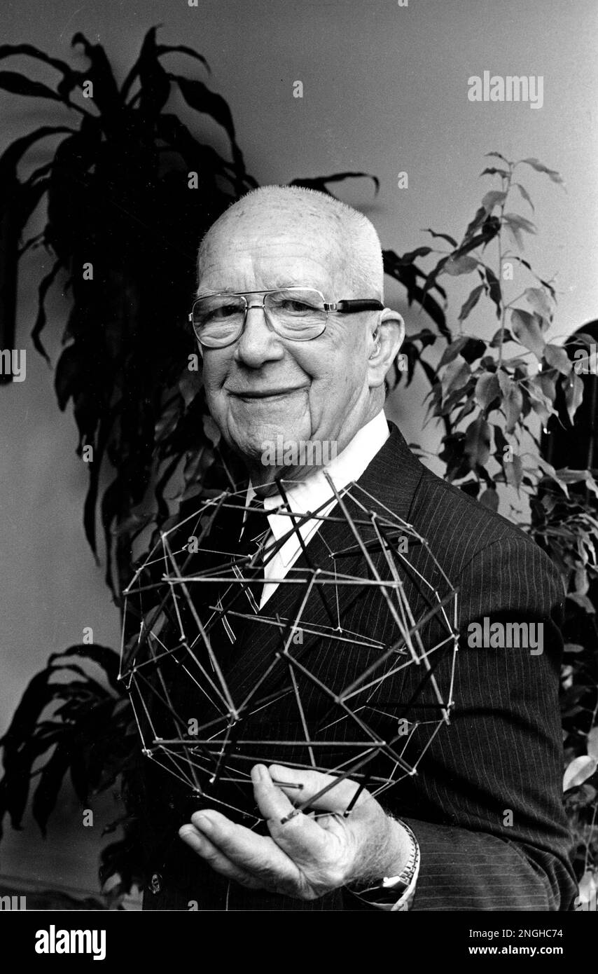 R. Buckminster Fuller, designer of the geodesic dome, holds a geometric ...