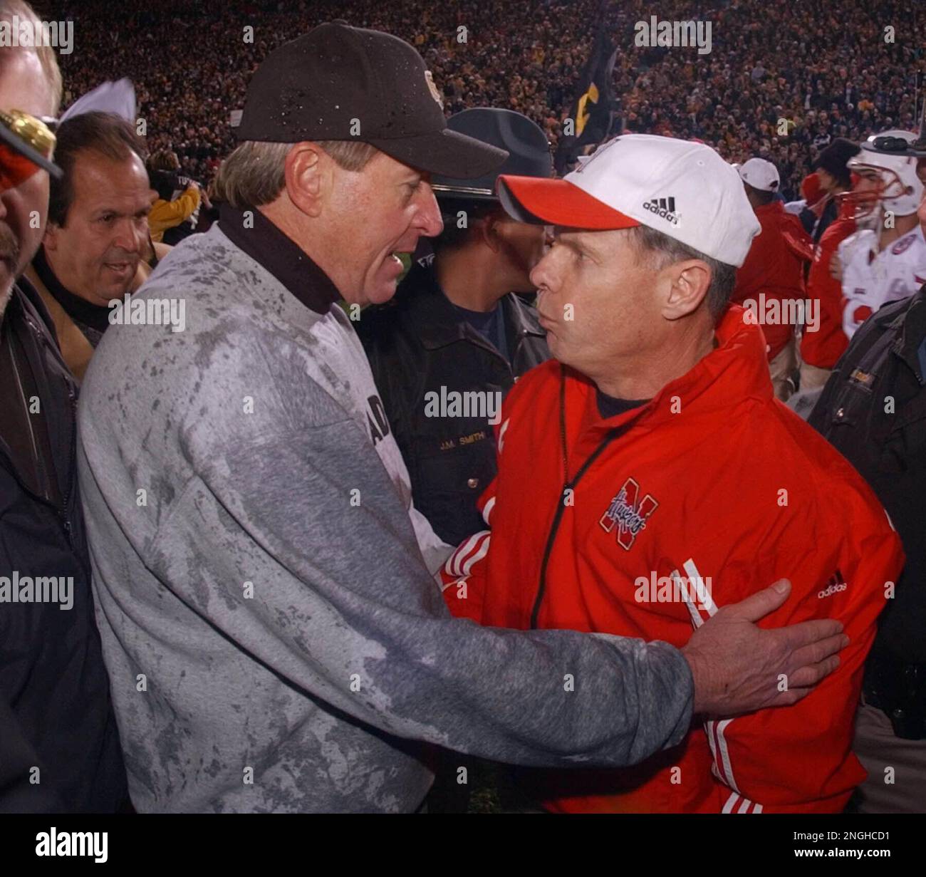 Colorado head coach Gary Barnett, left, is congratulated by Nebraska ...