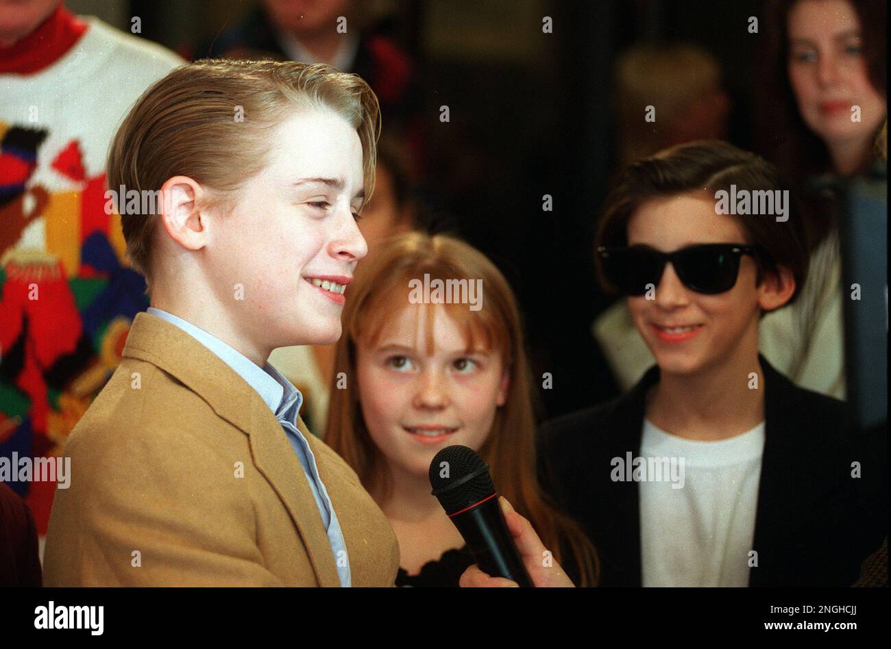 Actor Macaulay Culkin, left, speaks to the media before the premiere of ...