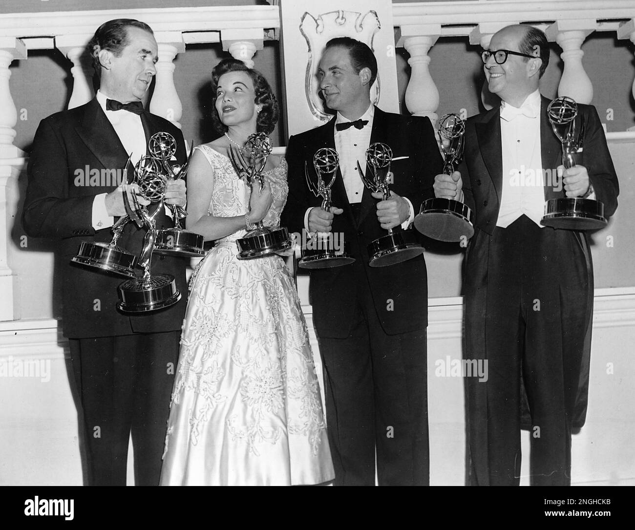 The 1956 Emmy winners, from left, Edward R. Murrow, Nanette Fabray, Sid ...