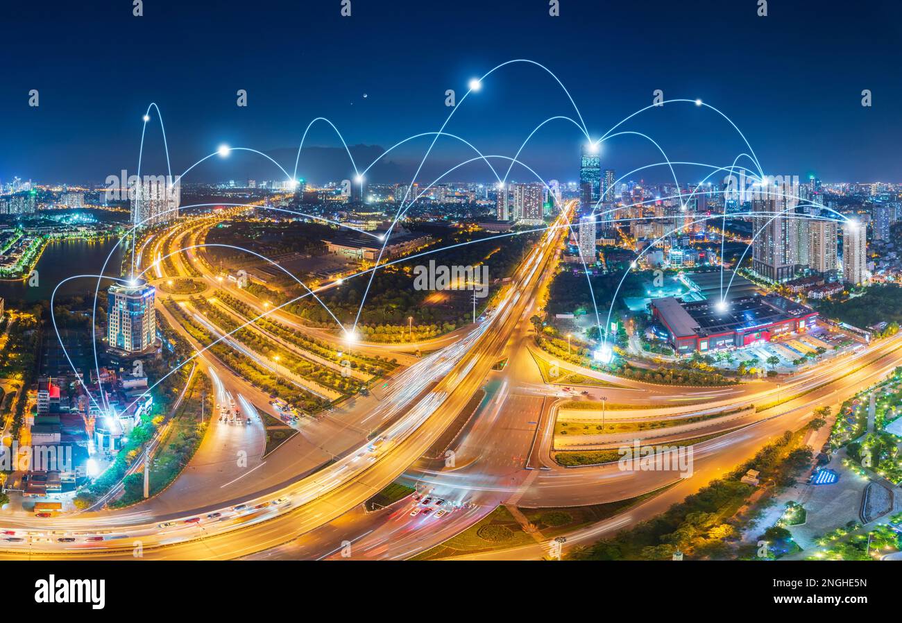 Smart city and wireless communication network concept. Digital network ...