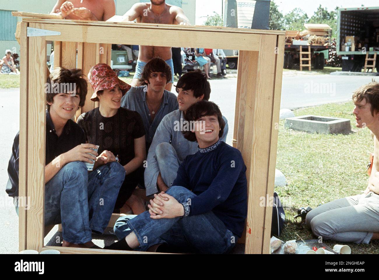 The Beatles pose with leading actress Eleanor Bron, wearing hat, during ...