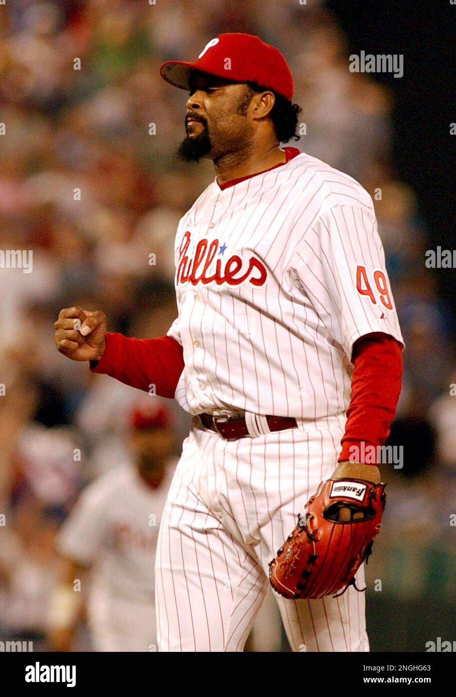 Philadelphia Phillies pitcher Jose Mesa reacts after striking out ...