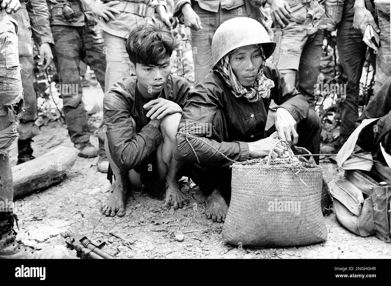 Viet Cong guerrilla fighters, captured by Vietnamese Marines in battle ...