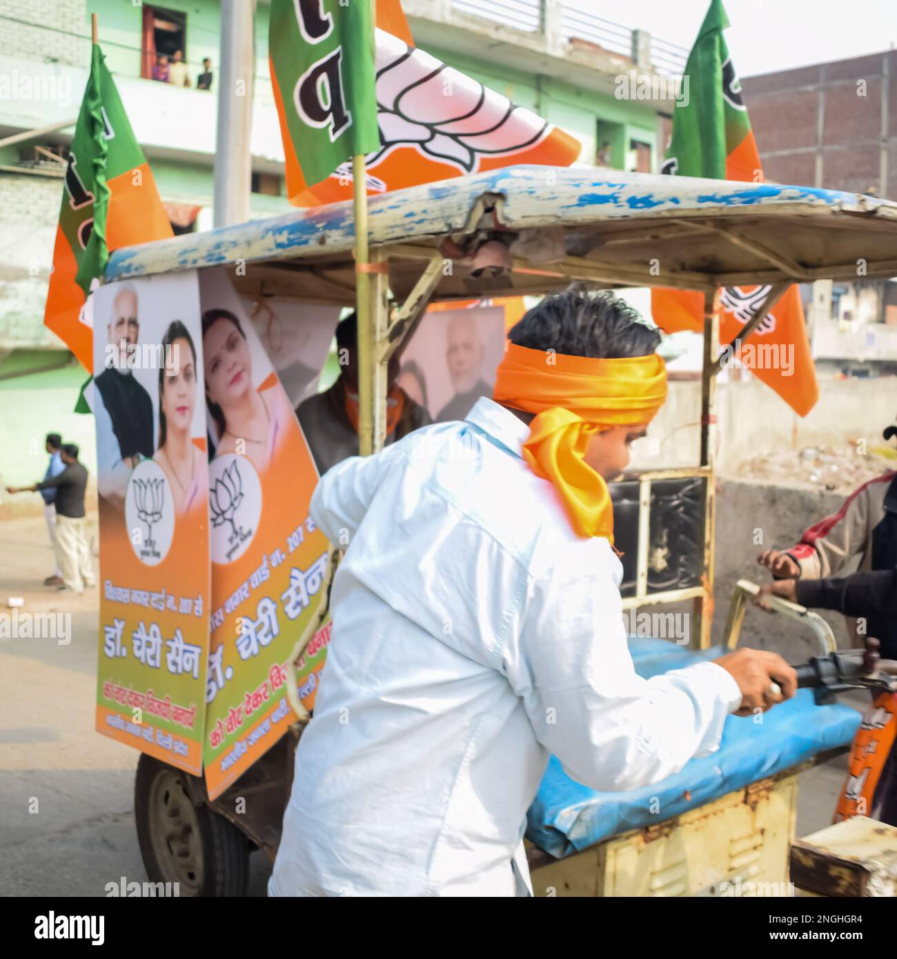 Delhi, India, December 02 2022 -Bharatiya Janata Party (BJP) supporter ...