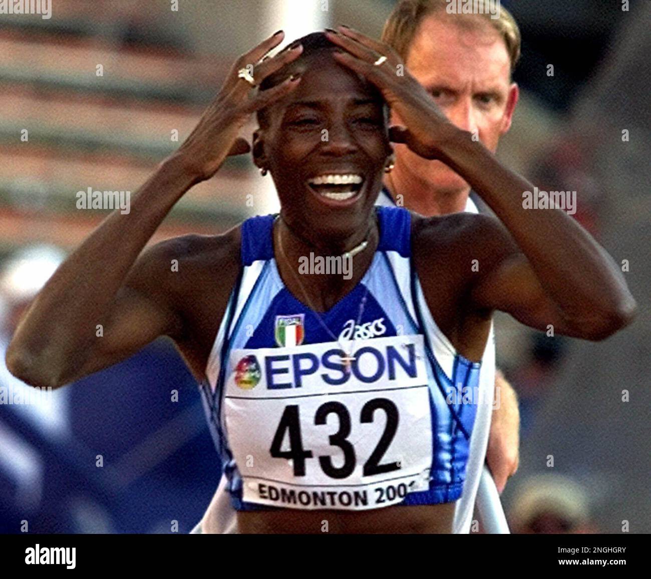 Italy's Fiona May reacts after winning the gold medal in the Women's ...