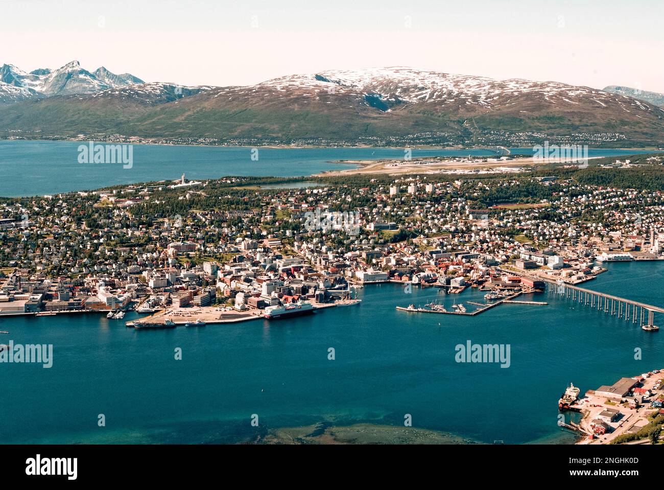 A summer view from top of the mountain of the Tromso Bridge - between ...