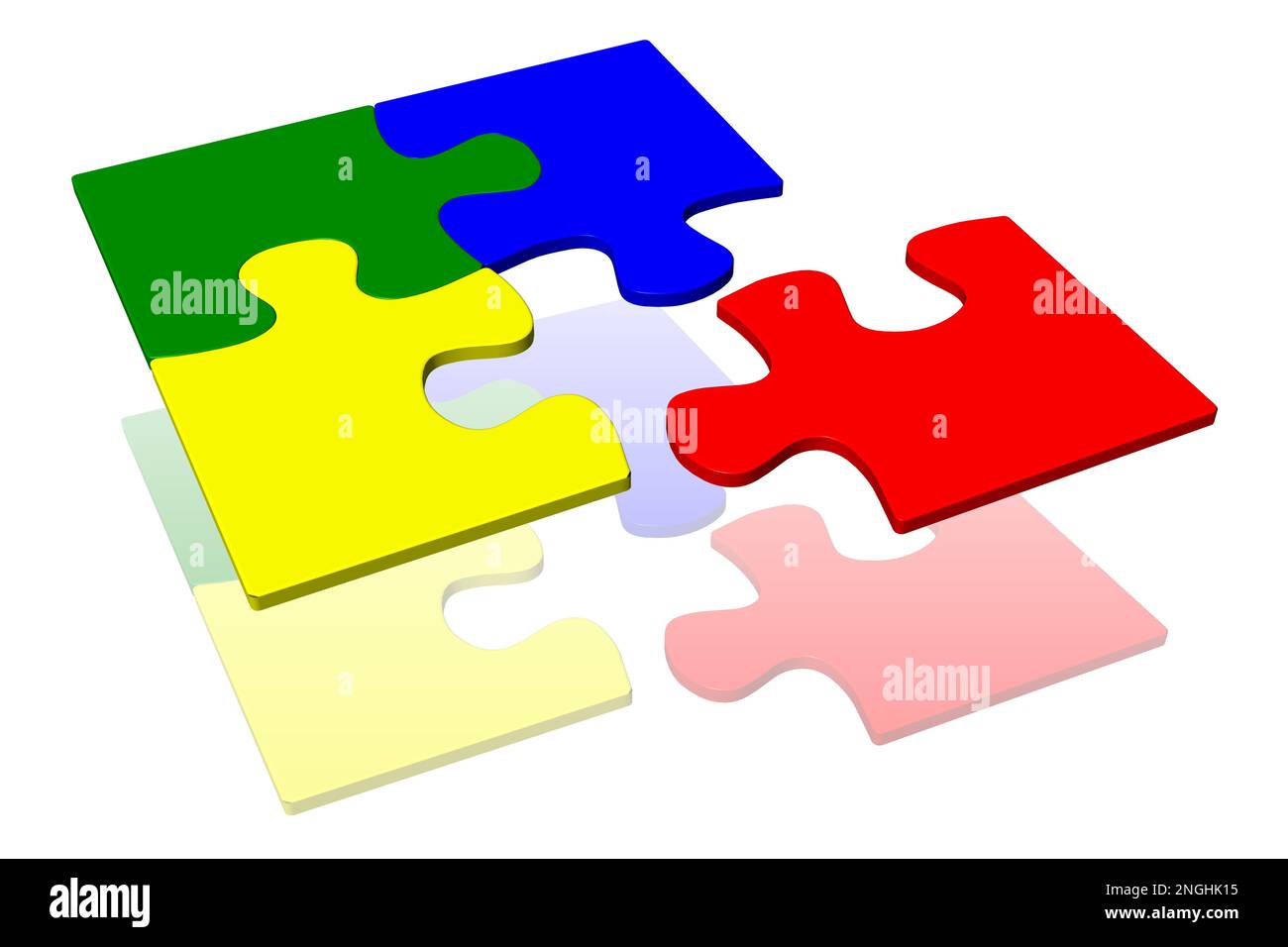 3D illustration. Red, yellow, green, and blue jigsaw pieces they fit ...