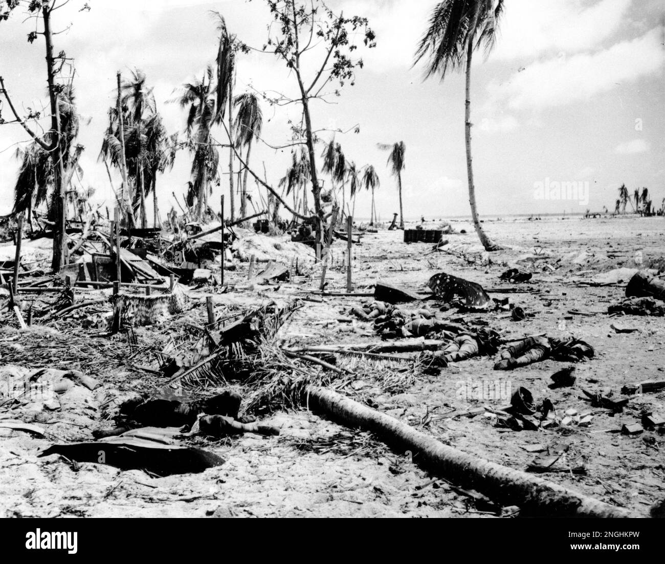 Dead Japanese soldiers, pill boxes, army trucks and palm trees spread ...