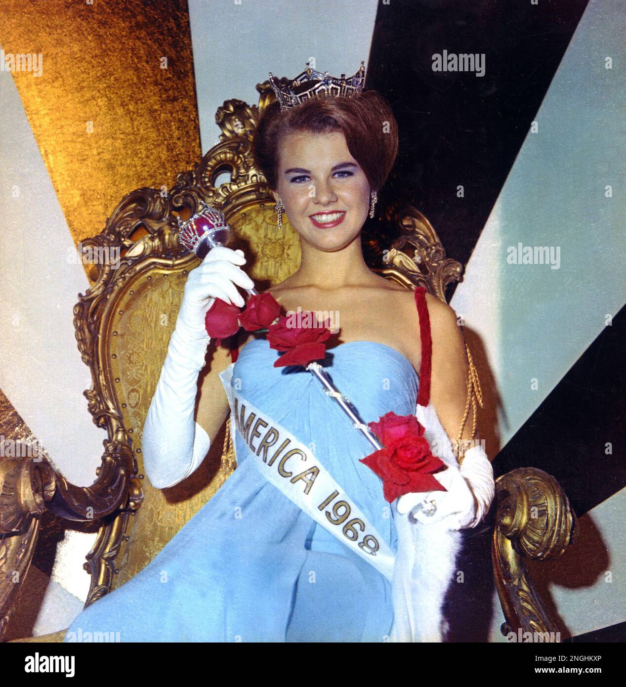 Debra Dene Barnes, of Pittsburgh, Ka., poses on the throne after being crowned Miss America 1968 ...