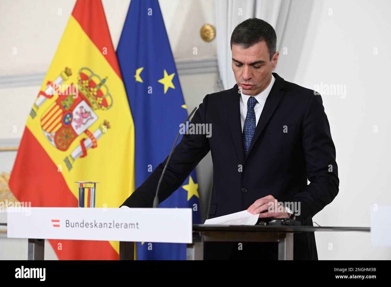 Vienna, Austria. February 16, 2023. Press statement by Spanish Prime ...