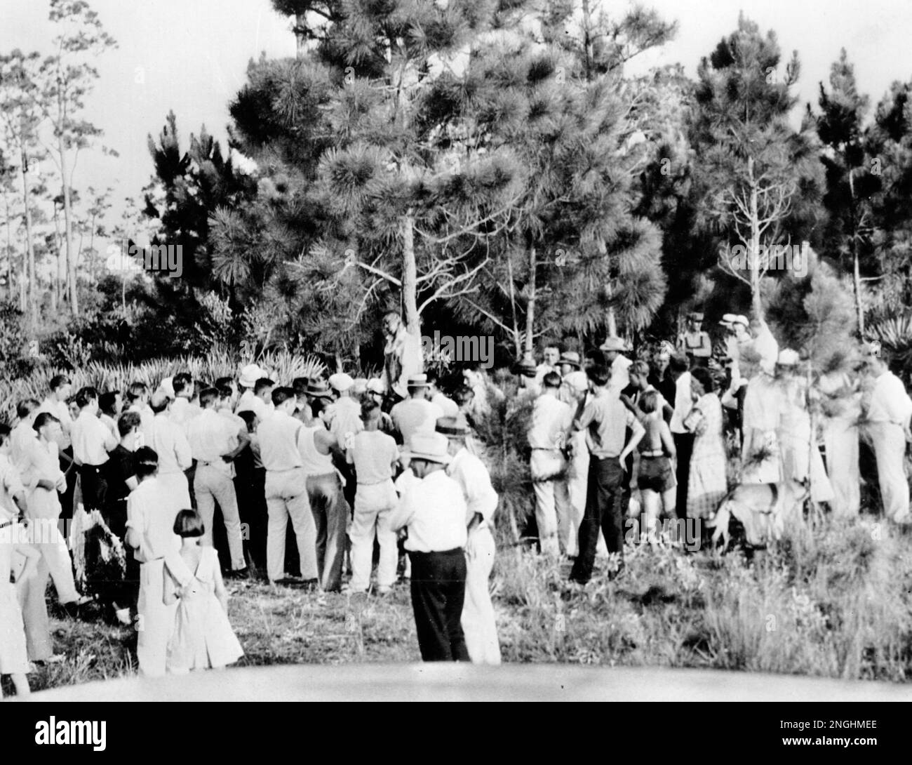 A crowd gathers to view the body of 32-year-old Rubin Stacy as he hangs ...