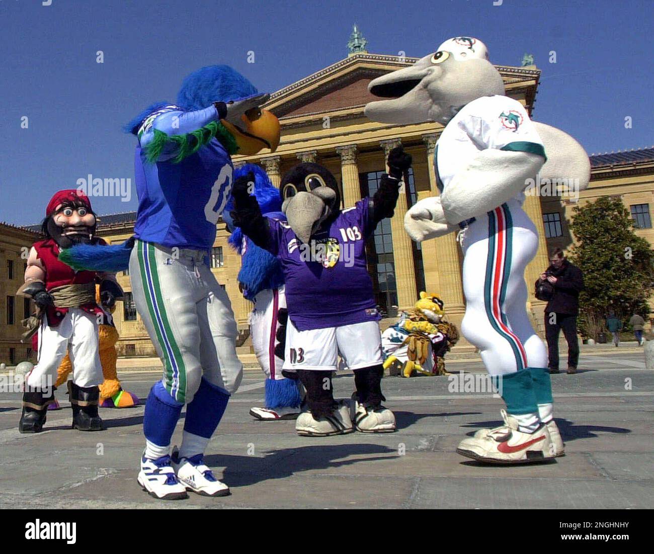 NFL Mascots jump around after running up the steps of the Philadelphia ...