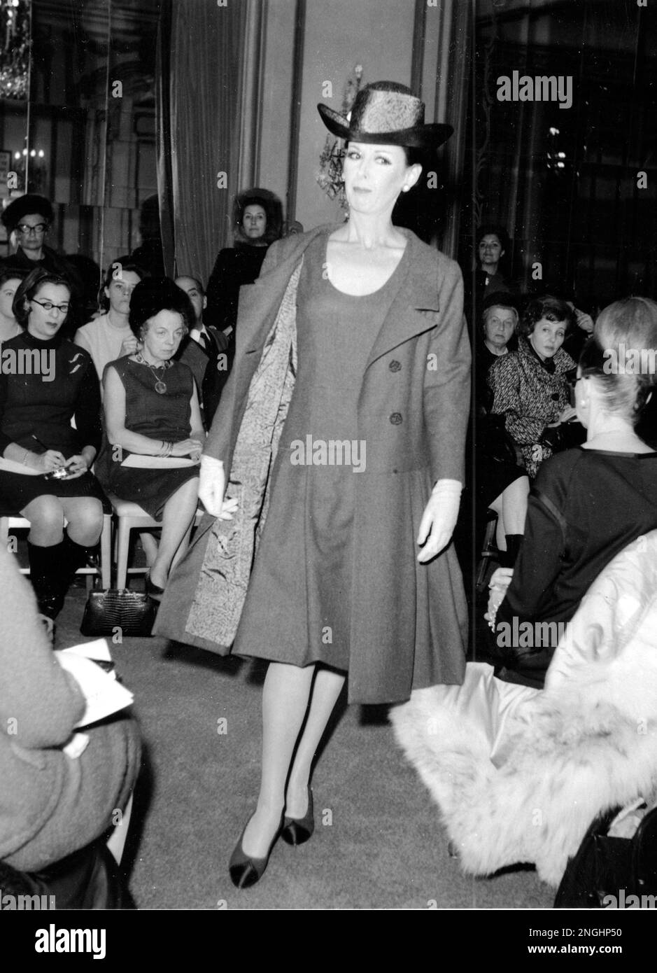 California designer James Galanos presents a drop-waist dress and low ...