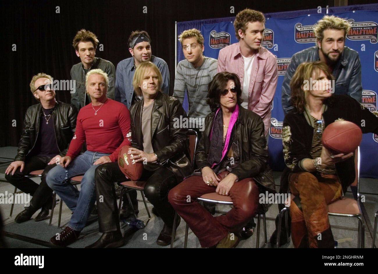 The musical groups Aerosmith, front, and *NSYNC pose for a group photo ...