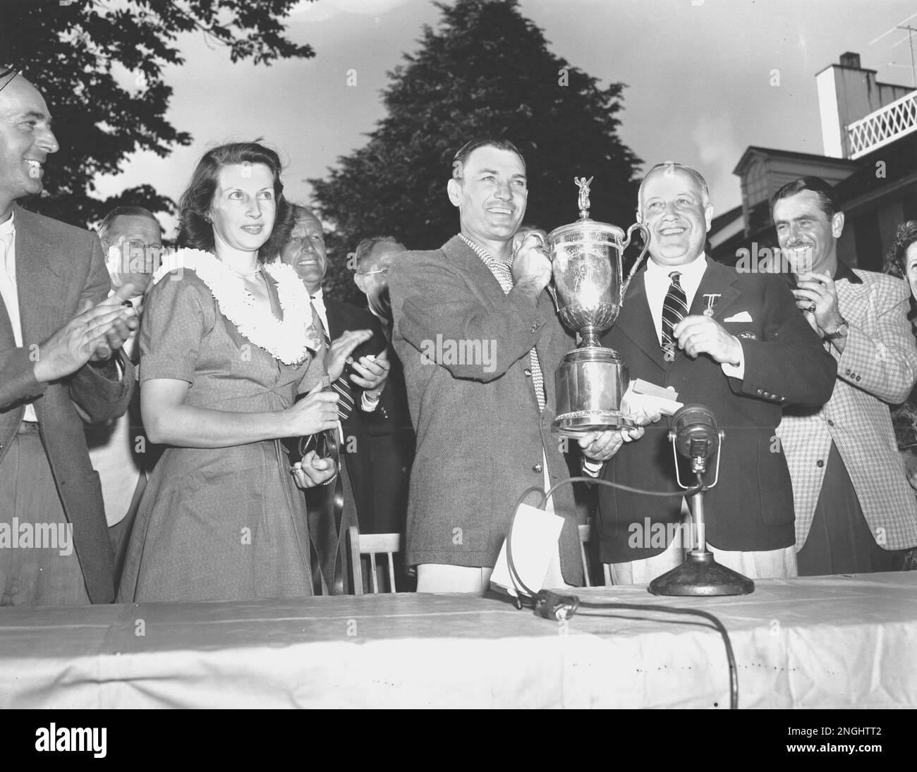 Ben Hogan holds his trophy cup after winning the U.S. Open Golf ...